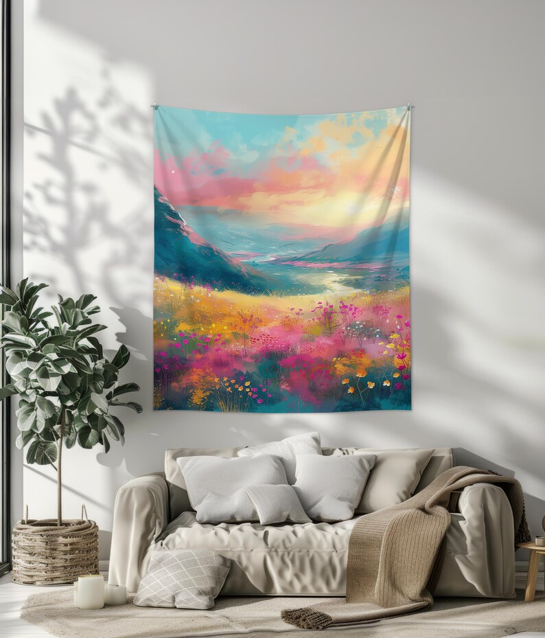 Impressionist Anime Art | Field Flowers & Mountains Poster | Vibrant ...