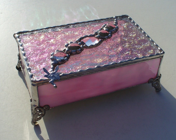 Pink Iridescent Stained Glass Box With Faceted Jewel and Glass Beads ...