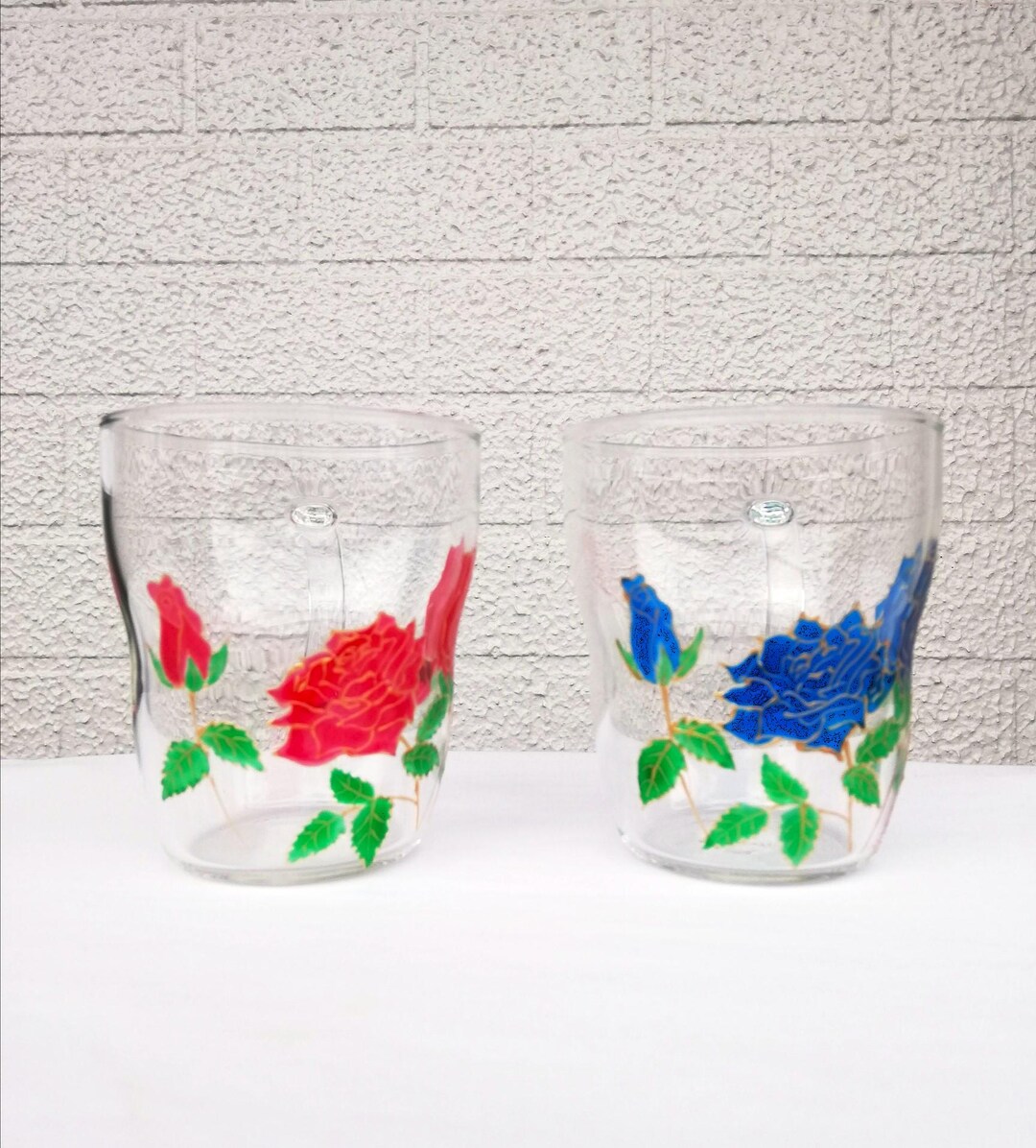 Red and Blue Rose Glass Mug With Handle Hand Painted Mugs Coffee Tea ...