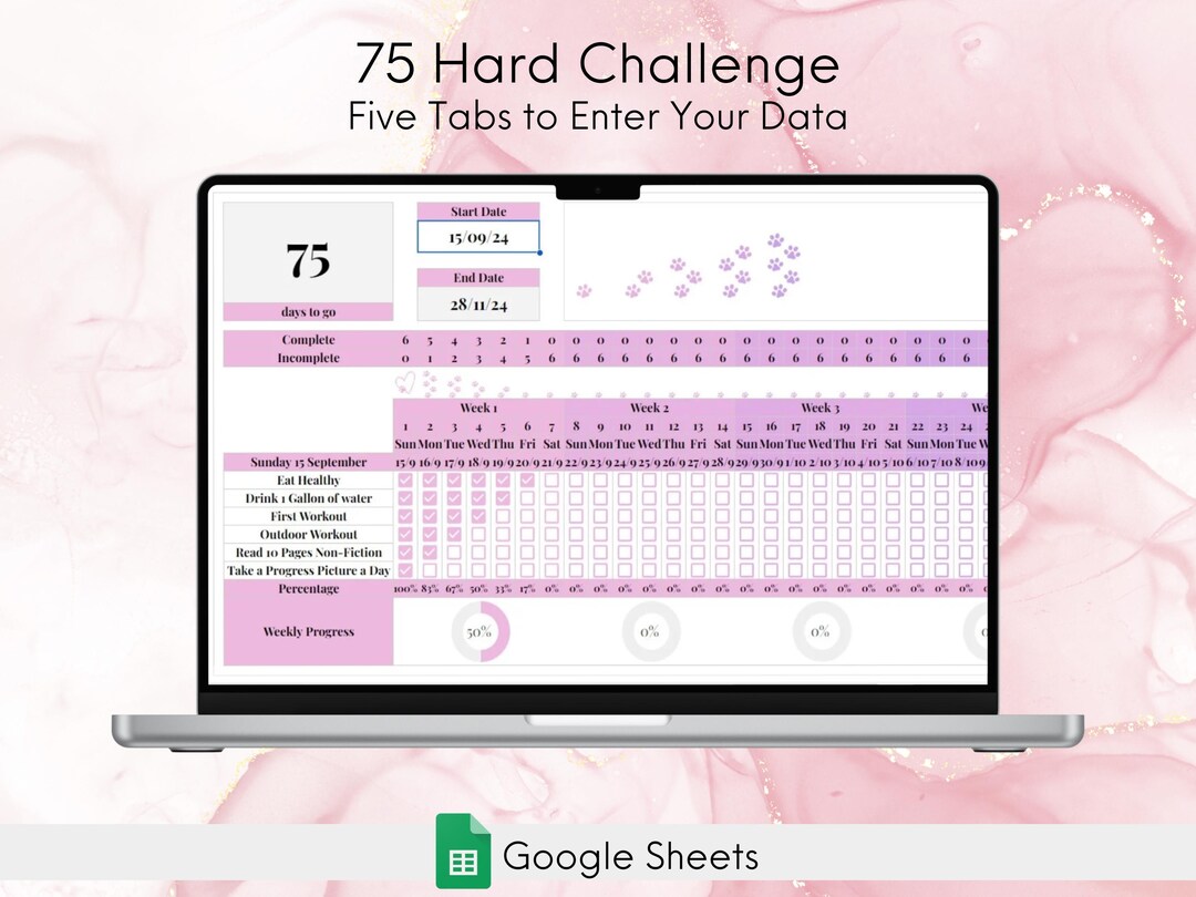 75 Hard Challenge Google Sheets, 75 Hard Challenge, 75 Hard Tracker ...
