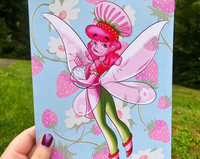 Strawberry Fairy Art Print Fruit Illustration Original Artwork Fantasy ...