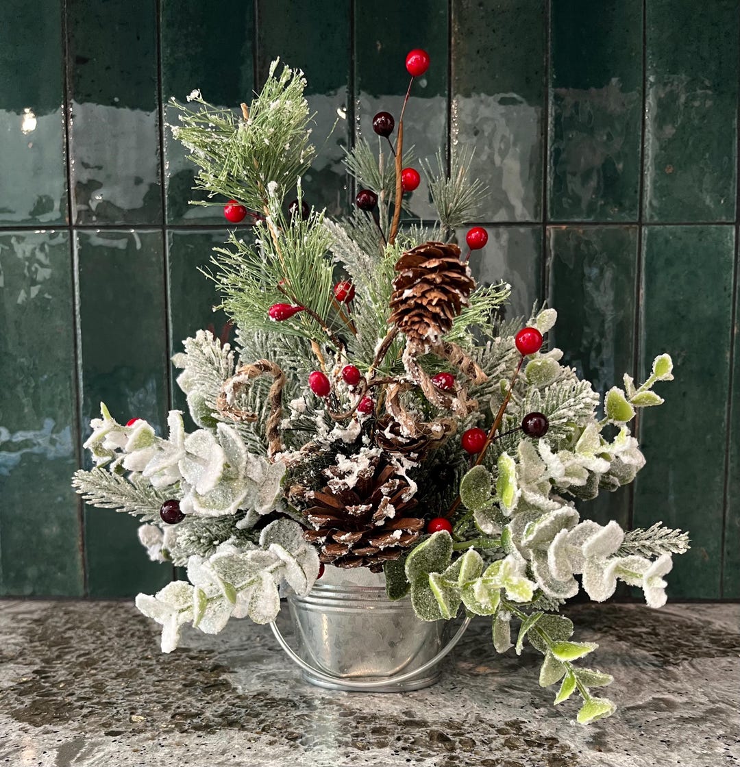 Rustic Christmas Frosted Pine Floral Arrangement Country Farmhouse ...
