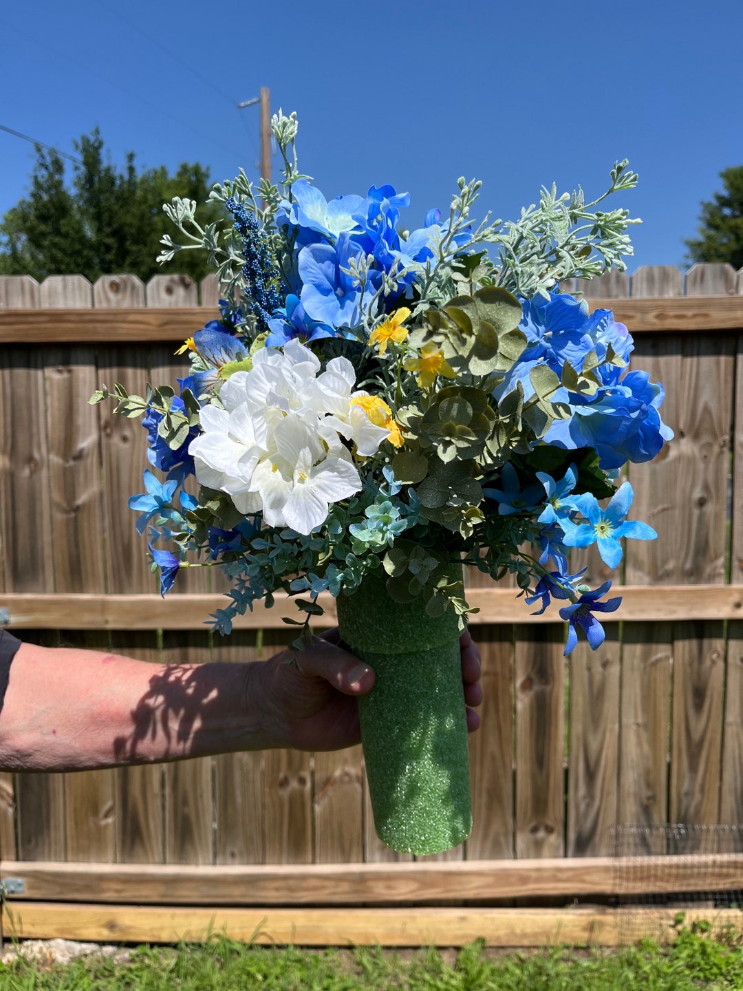 Blue Hydrangea Butterfly Cemetery Flower Arrangement: Sympathy Vase ...