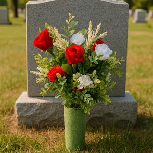 Red and White Rose Cemetery Arrangement Insert, Mausoleum Memorial Drop ...