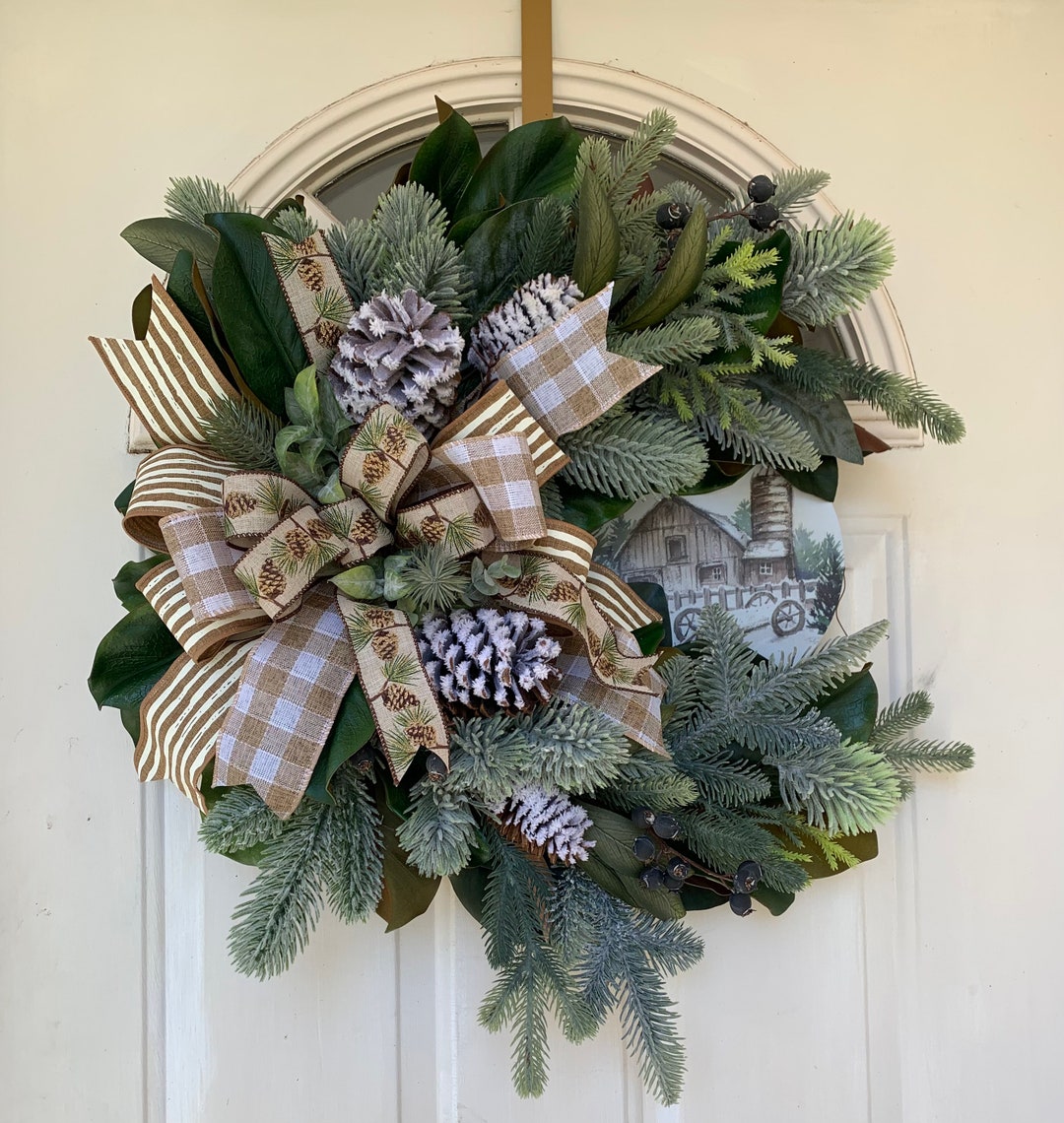 Magnolia Winter Greenery Wreath, Christmas Equestrian Ranch Porch Decor ...