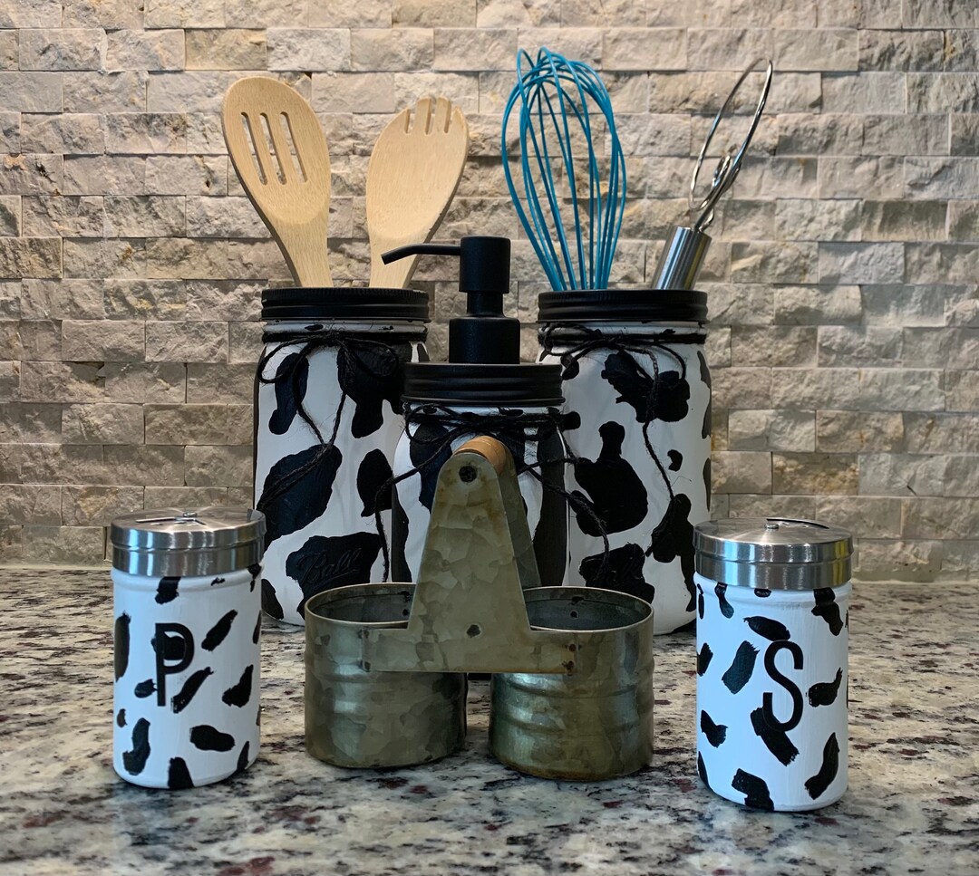 Cow Print Mason Jar Kitchen Set, Country Black and White Container Jar ...