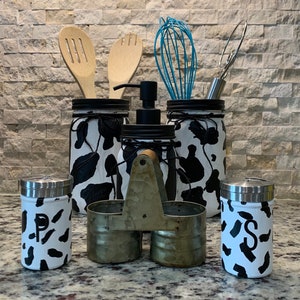 Kitchen Mason Jar Dairy Cow Print Set Country Black White Storage ...