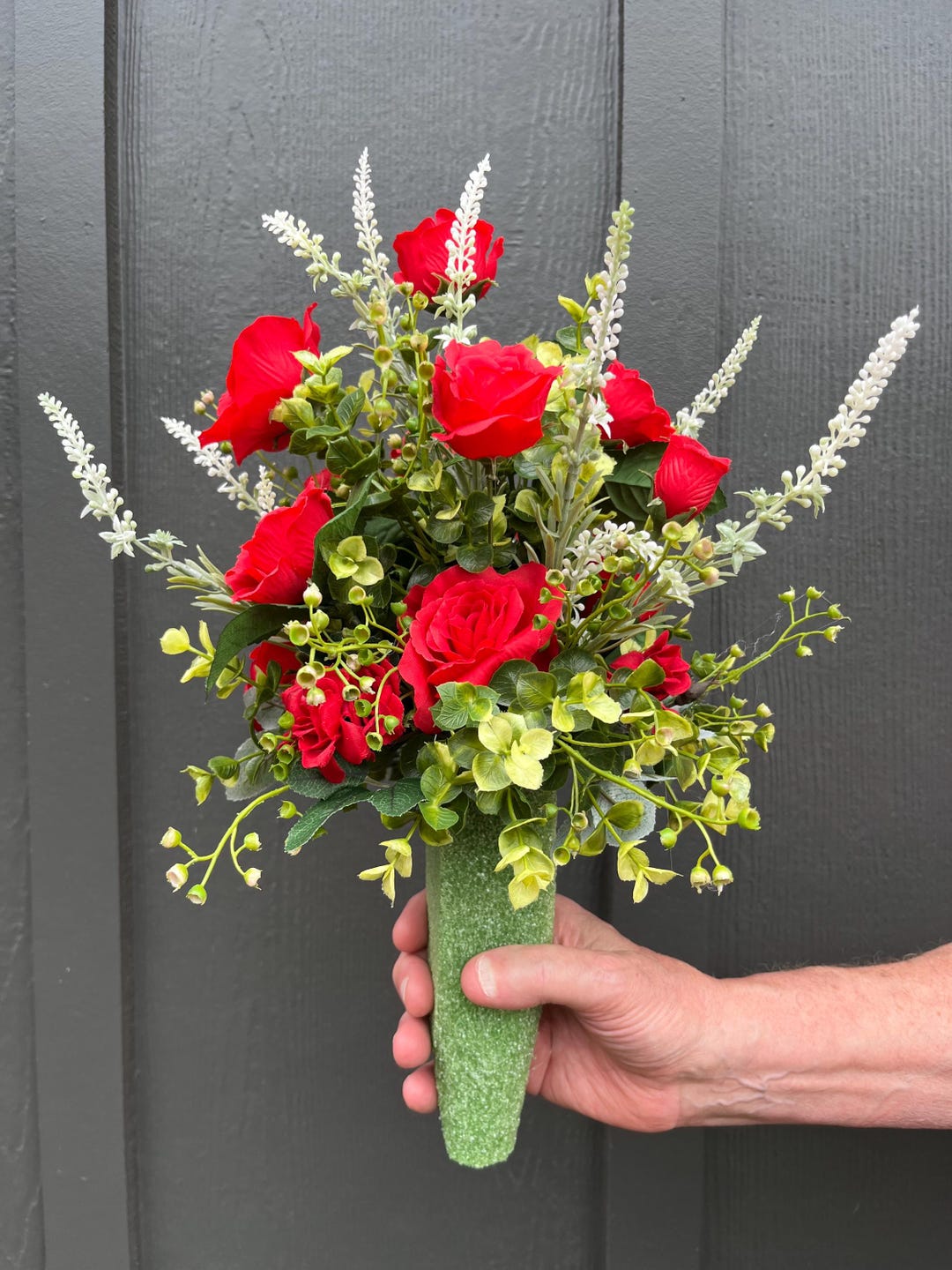 Cemetery Vase Drop in Red Rose Flower Arrangement, White Memorial Grave ...