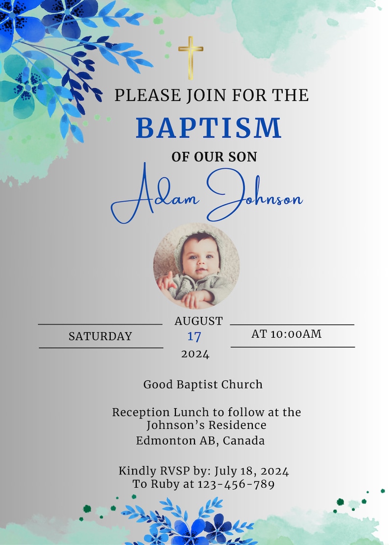 Modern Baptism Boy Blue Invitation Card | Christening Invitation ...
