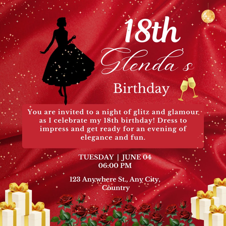 Editable Red and White 18th Birthday Invitation, Glamour Silhouette ...