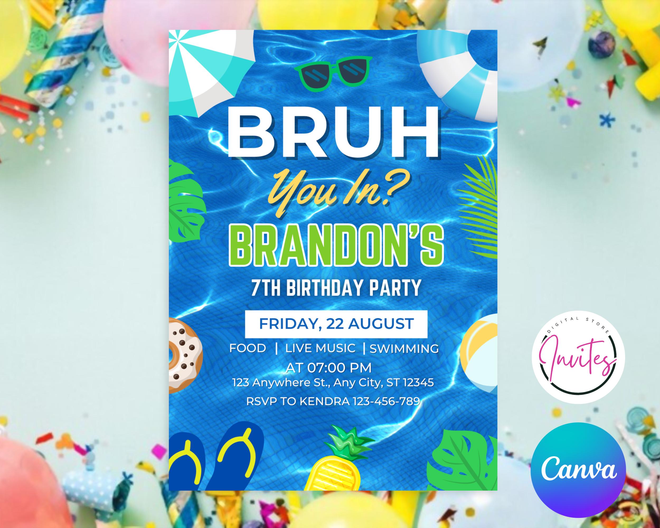 Bruh Birthday Invitation, Boy Pool Birthday Party Invitation, Bruhh It ...