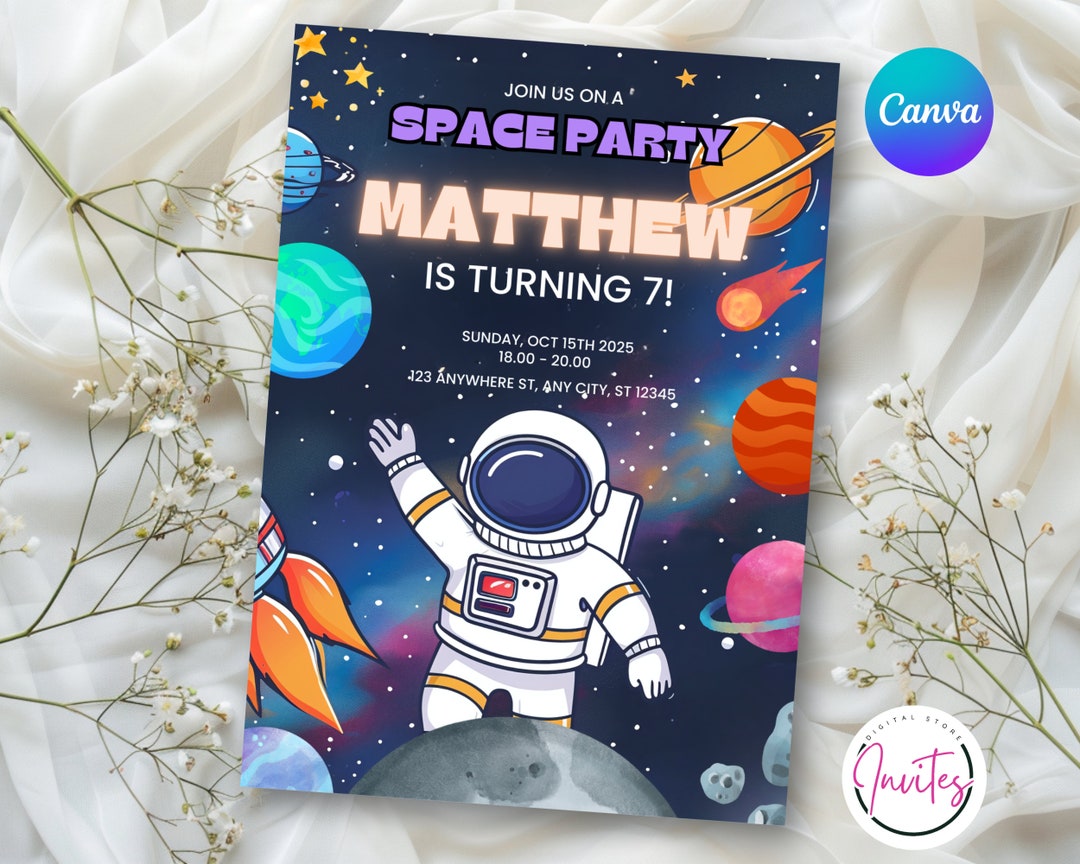 Editable Outer Space Birthday Invitation Template, Space Boy Birthday Party Invitation , Galaxy ...