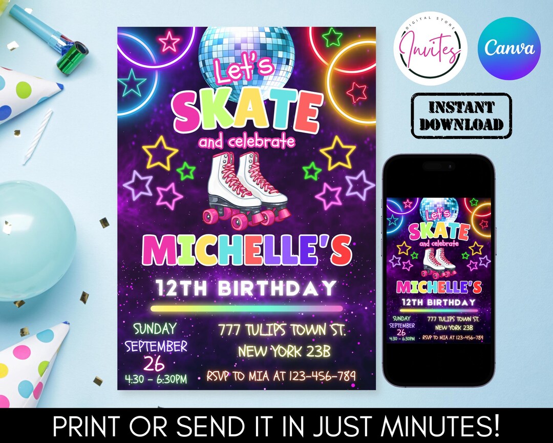 Roller Disco Party Birthday Invitation Editable Template, Rainbow Glow ...