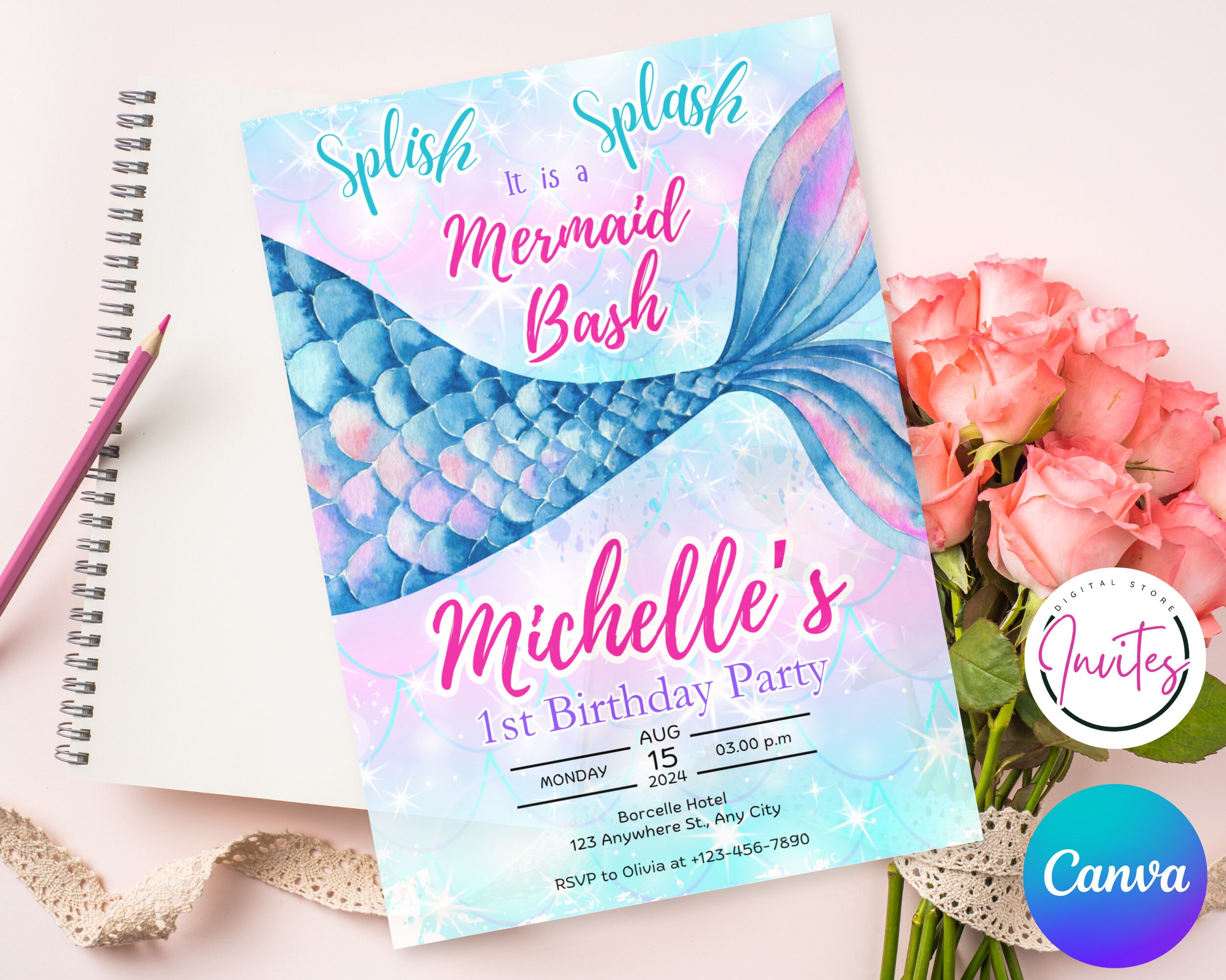 Editable Mermaid Birthday Invitation, Mermaid Bash Under the Sea ...