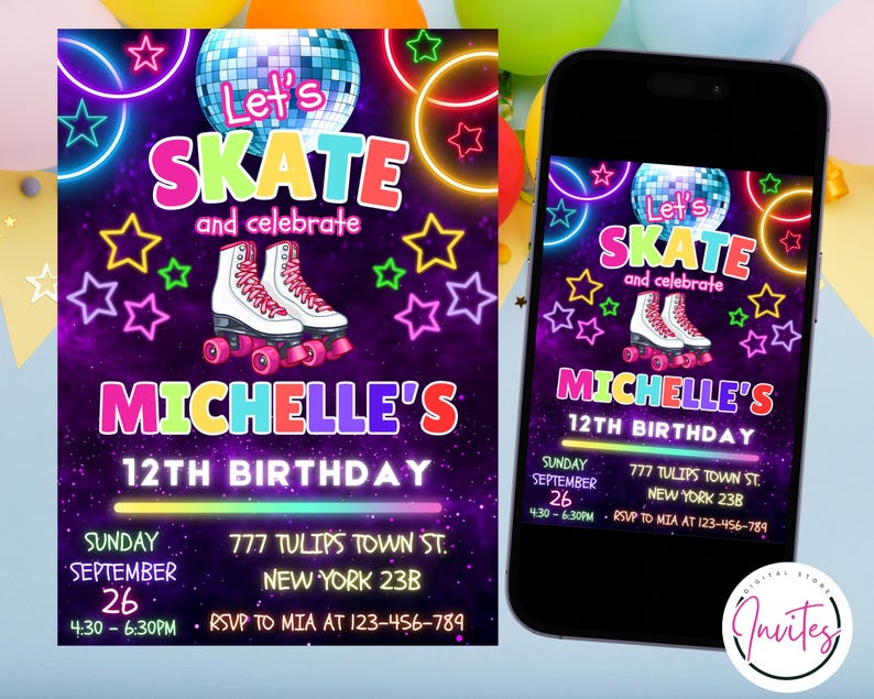 Roller Disco Party Birthday Invitation Editable Template, Rainbow Glow ...
