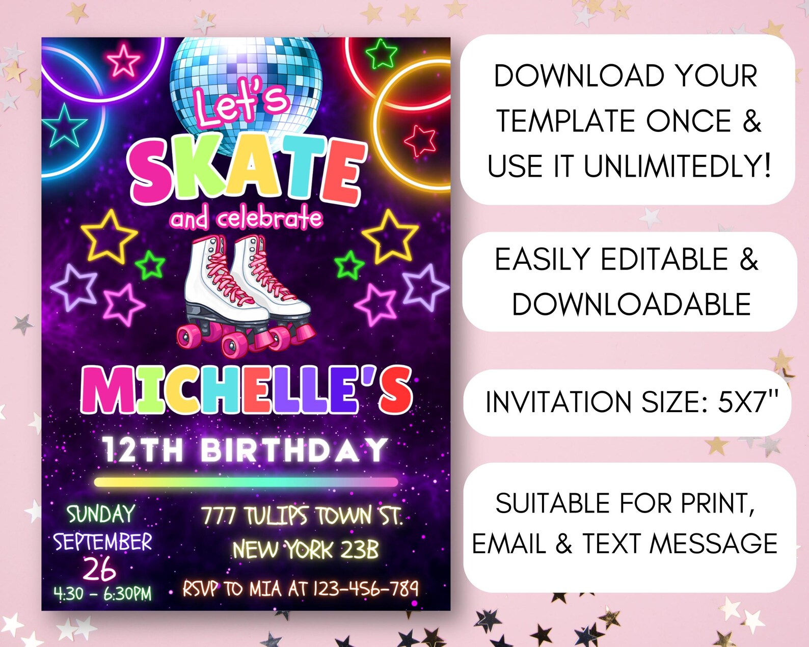 Roller Disco Party Birthday Invitation Editable Template, Rainbow Glow ...