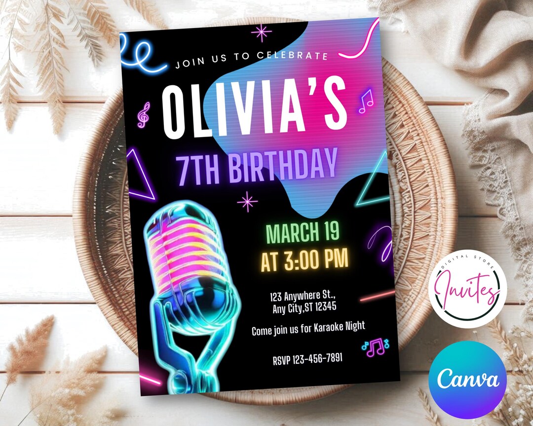 Editable Karaoke Party Birthday Invitation, Glow Karaoke Birthday Party ...