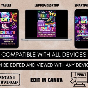 Roller Disco Party Birthday Invitation Editable Template, Rainbow Glow ...