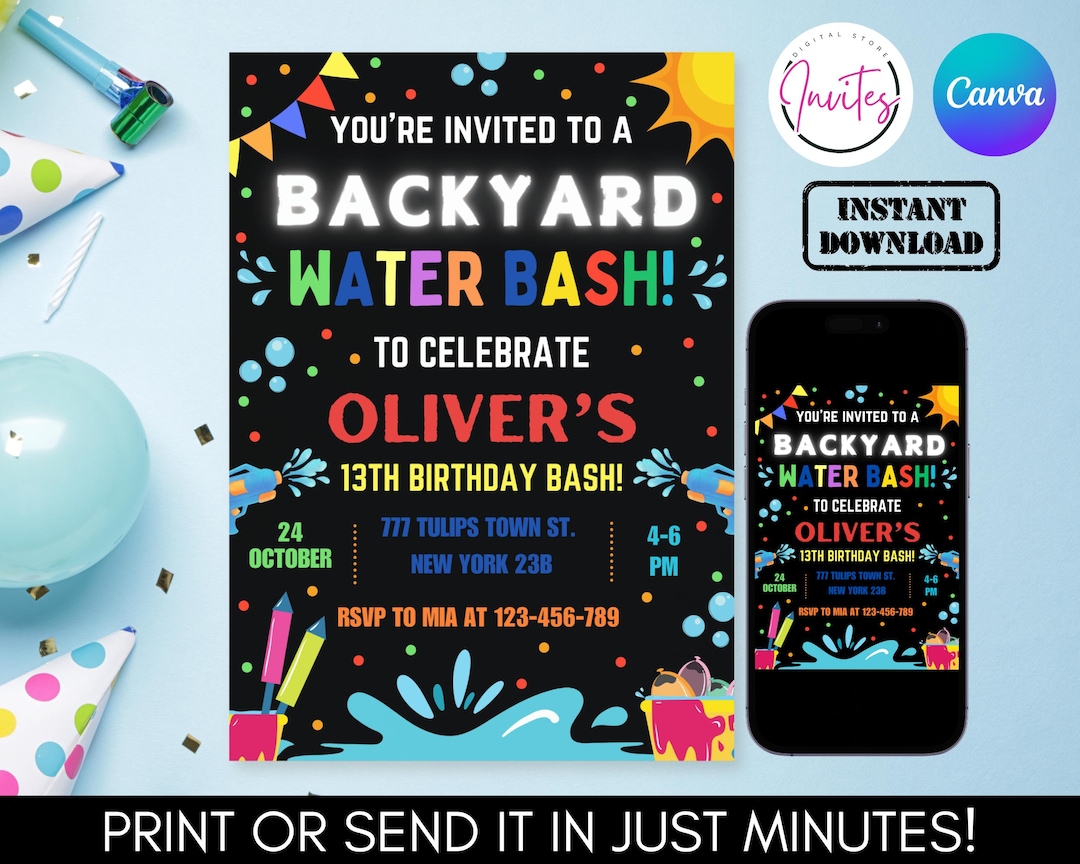 Water Gun Birthday Invitation, Pool Party Invitation, Water Gun Bash ...