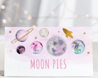 Editable Galaxy Birthday Tent Cards Food Labels Place Cards Pink Gold ...