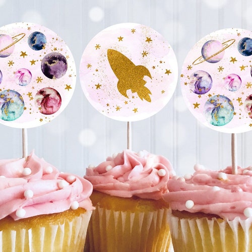 Galaxy Birthday Cupcake Toppers Pink Gold Girl Galaxy Birthday - Etsy