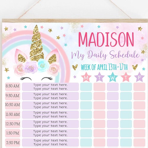 EDITABLE Home School Schedule Unicorn Girl Daily Schedule - Etsy