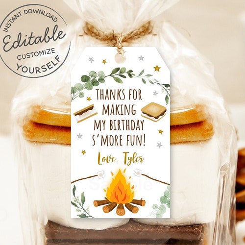 EDITABLE S'mores Birthday Thank You Tags Favor Tags Smore - Etsy