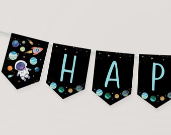 Space Birthday Banner Blue Gold Galaxy Birthday Banner Planets Outer ...