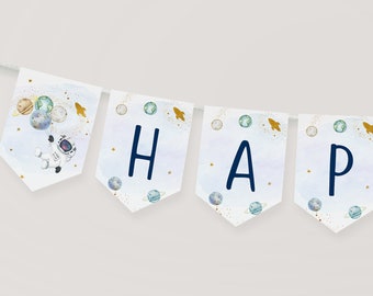 Space Birthday Banner Blue Gold Galaxy Birthday Banner Planets Outer ...