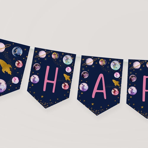 Space Birthday Banner Blue Gold Galaxy Birthday Banner Planets - Etsy