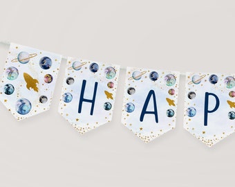 Space Birthday Banner Blue Gold Galaxy Birthday Banner Planets Outer ...