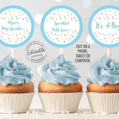 EDITABLE Baby Sprinkle Cupcake Toppers Blue Baby Sprinkle Baby - Etsy