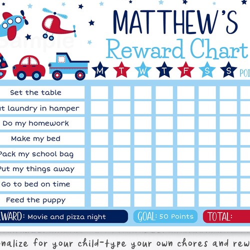EDITABLE Vehicle Reward Chart Car Truck Airplane Chore Chart | Etsy