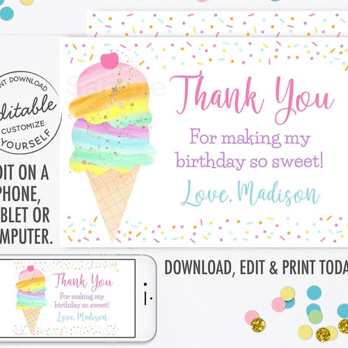 Editable Ice Cream Thank You Card Ice Cream Birthday Thank You - Etsy