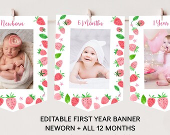 Editable Strawberry Birthday Monthly Photo Banner Berry Sweet - Etsy
