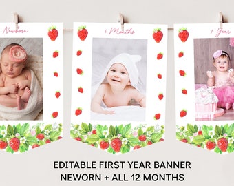 Strawberry First Birthday Banner Monthly Photo Banner - Etsy