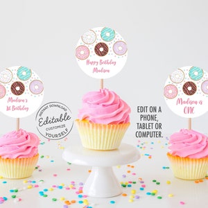 EDITABLE Donut Birthday Cupcake Toppers Donut Party Donut - Etsy