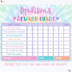 Editable Tie Dye Reward Chart Tie Dye Behavior Chart Pastel | Etsy