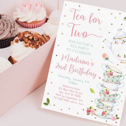 Tea for Two Birthday Invitation Tea Party Girl Invite Pink - Etsy