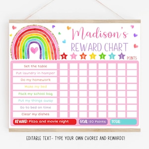 Editable Rainbow Reward Chart, Rainbow Behavior Chart, Pink & Gold ...