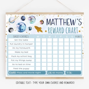 Editable Space Reward Chart Galaxy Rocket Ship Stars Planets Boy Girl ...
