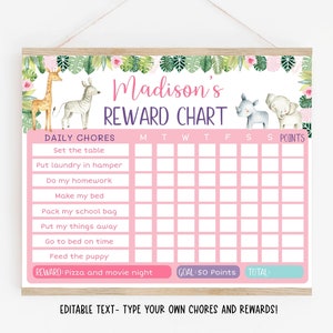EDITABLE Pink Safari Reward Chart Safari Chore Chart Behavior Chart ...