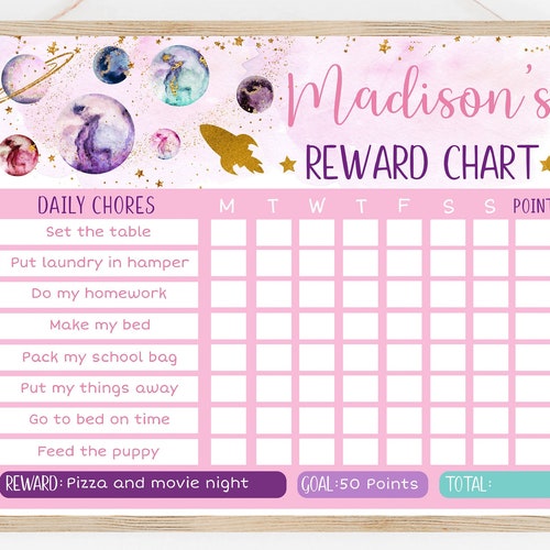 Editable Space Reward Chart Pink Gold Galaxy Rocket Ship Stars - Etsy