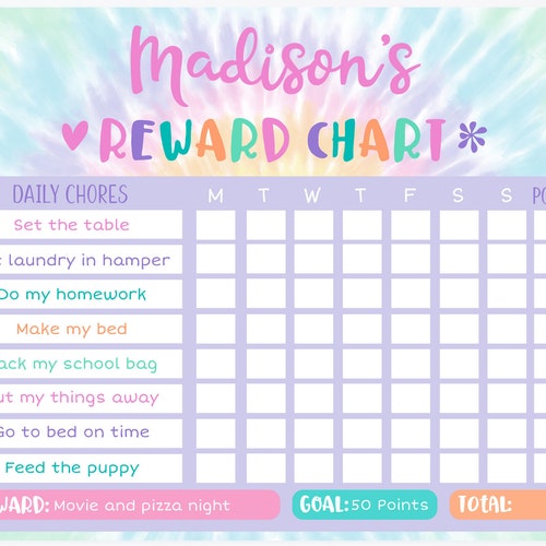 Editable Tie Dye Reward Chart Tie Dye Behavior Chart Pastel | Etsy