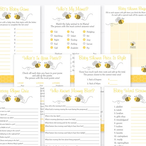 Bee Baby Shower Games Pack INSTANT DOWNLOAD Printable - Etsy