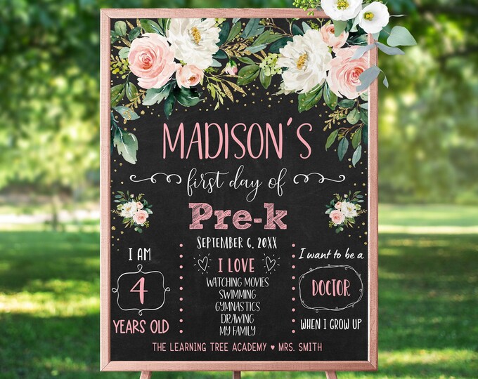 Editable Blush Floral First Day of Pre-k Sign First Day of - Etsy