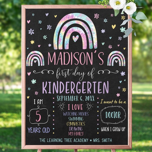 Editable First Day of Kindergarten Sign Tie Dye Rainbow First - Etsy