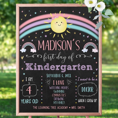 Editable First Day of Kindergarten Sign Tie Dye Rainbow First - Etsy
