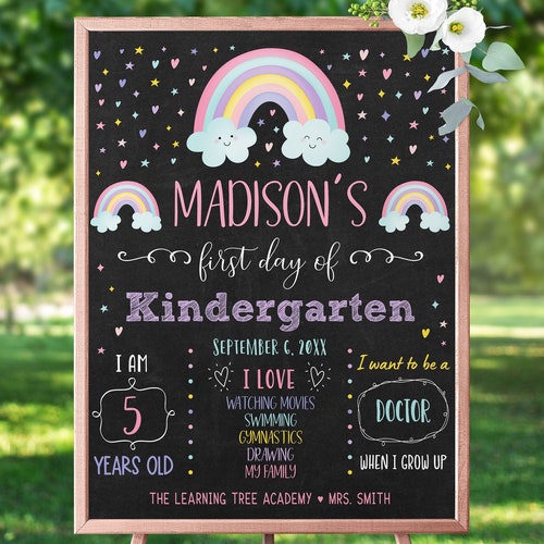 Editable First Day of Kindergarten Sign Tie Dye Rainbow First - Etsy