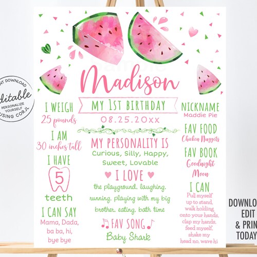 EDITABLE Watermelon Birthday Milestone Poster Watermelon First | Etsy